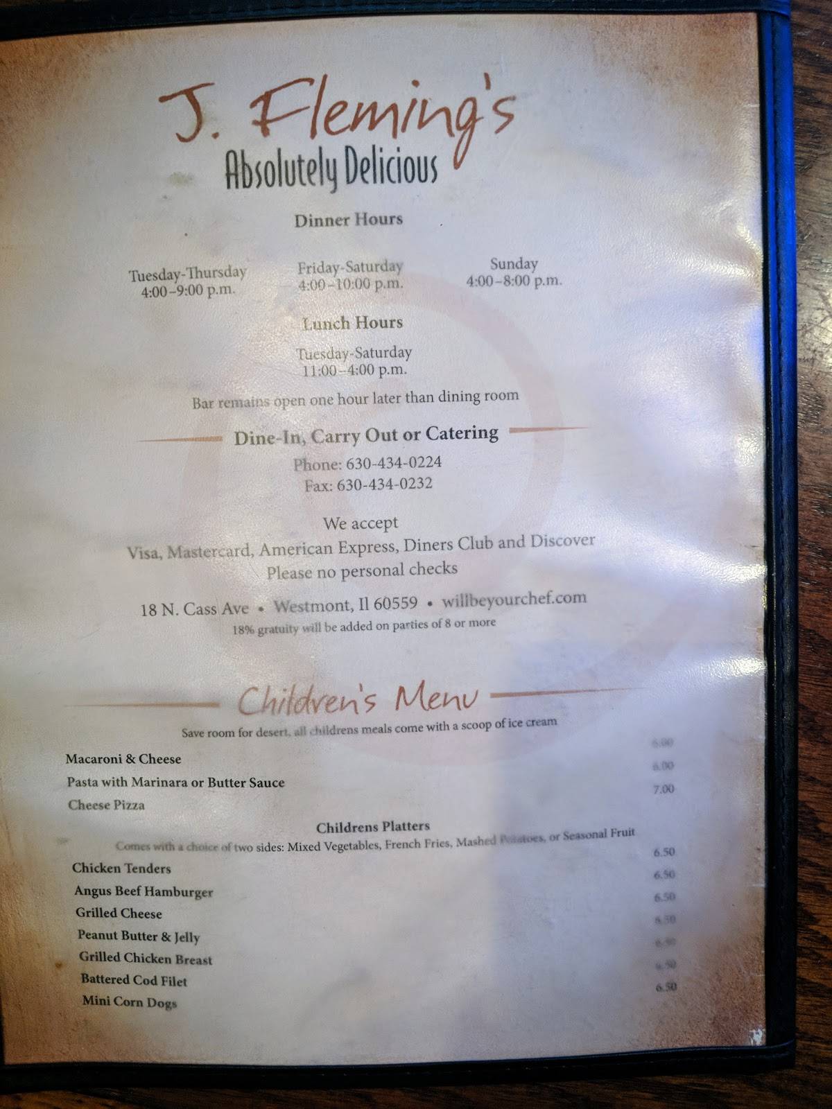 Menu at J. Flemings Absolutely Delicious pub & bar, Westmont