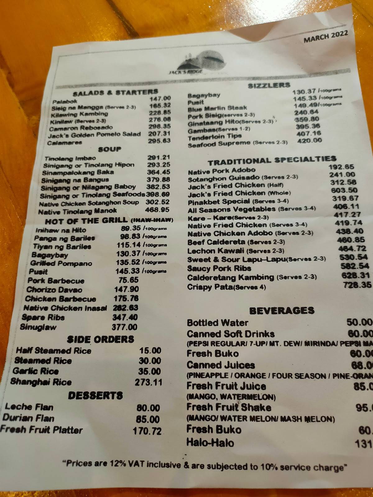 Menu at Jack's Ridge restaurant, Davao City