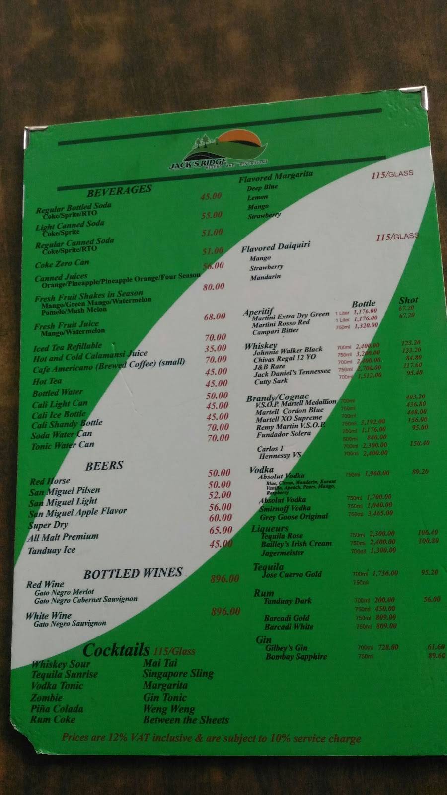 Menu at Jack's Ridge restaurant, Davao City