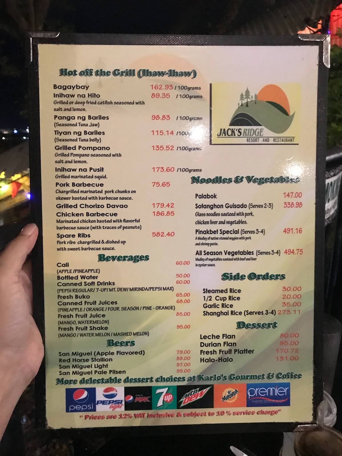 Menu at Jack's Ridge restaurant, Davao City