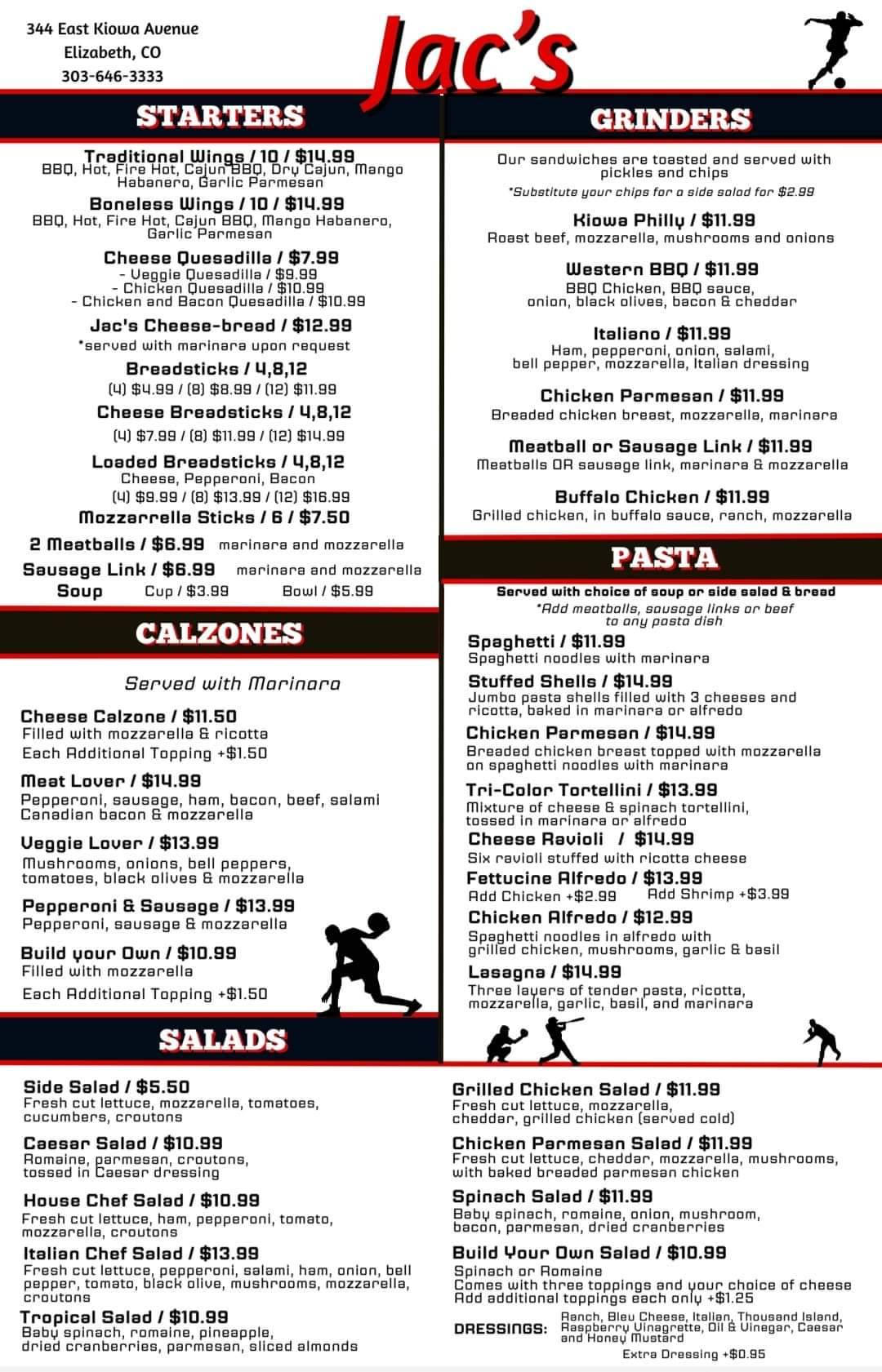 Menu at Jac's Restaurant, Elizabeth
