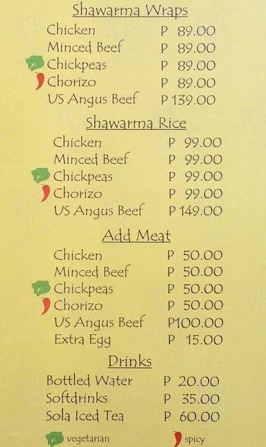 Menu at Mr. Shawarma restaurant, Cebu City, 7VWW+7MJ