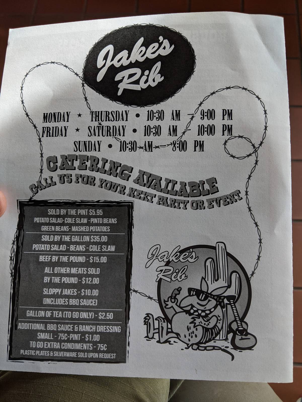 Menu at Jake's Rib BBQ, Chickasha