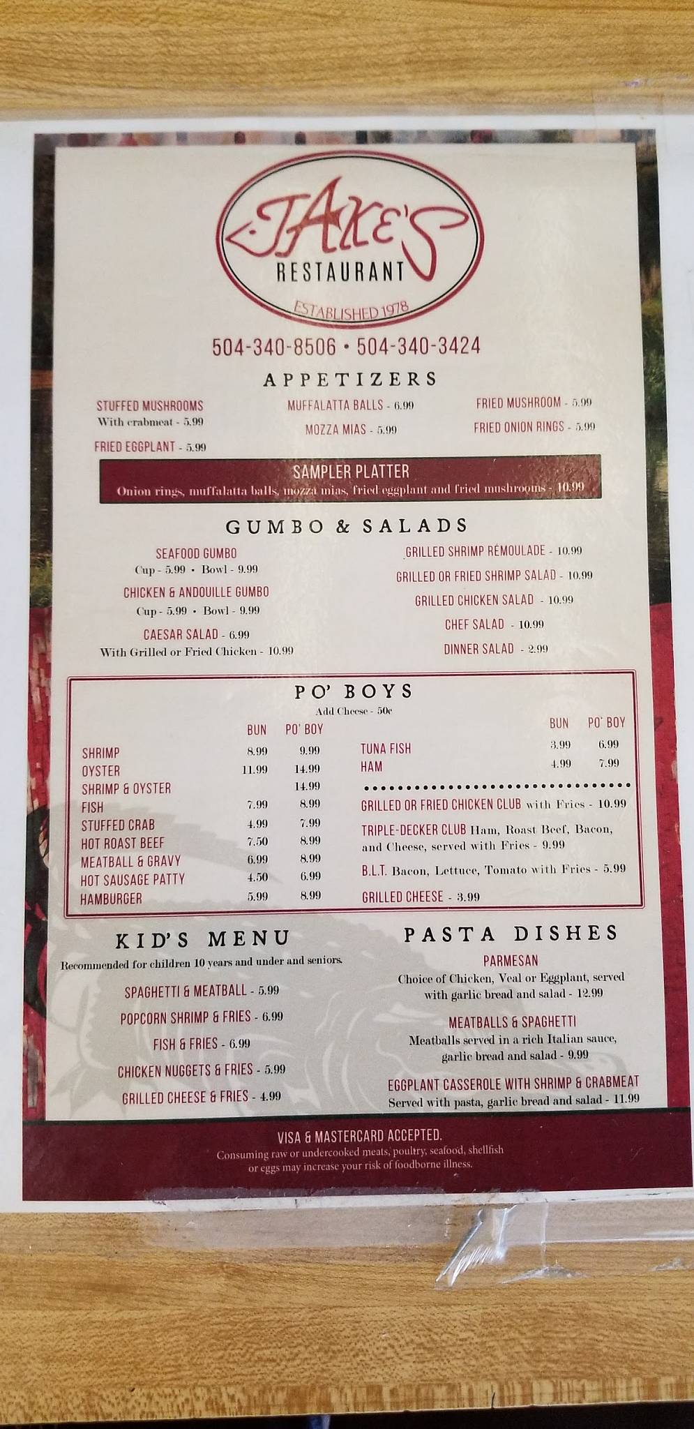Menu at Jake's Seafood & Restaurant, Marrero