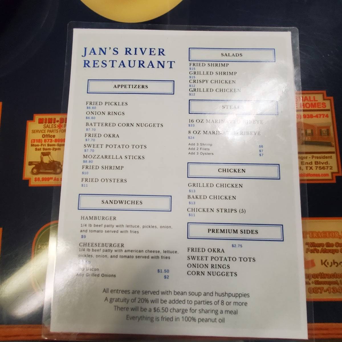 Menu at Jan's River Restaurant, Shreveport, W 70th St