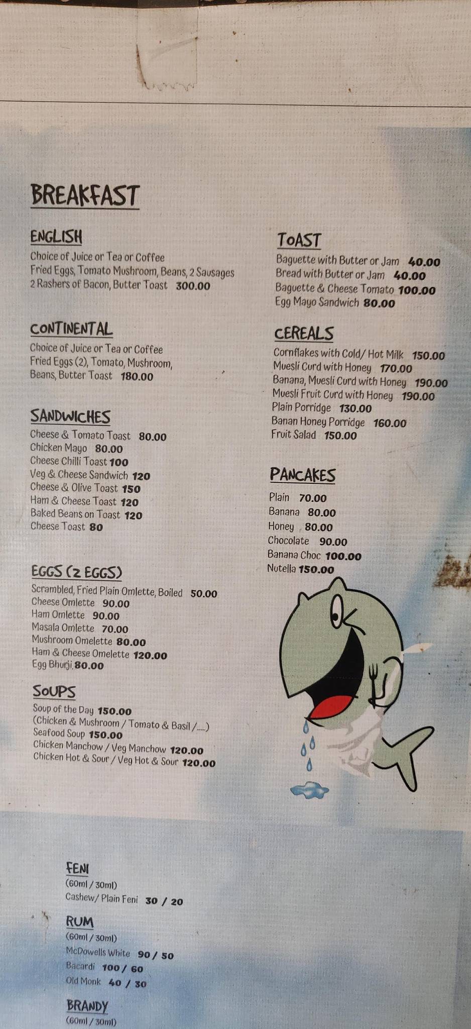 Menu at Jaws Restaurant and Bakery, Vagator, HPXQ+VXH