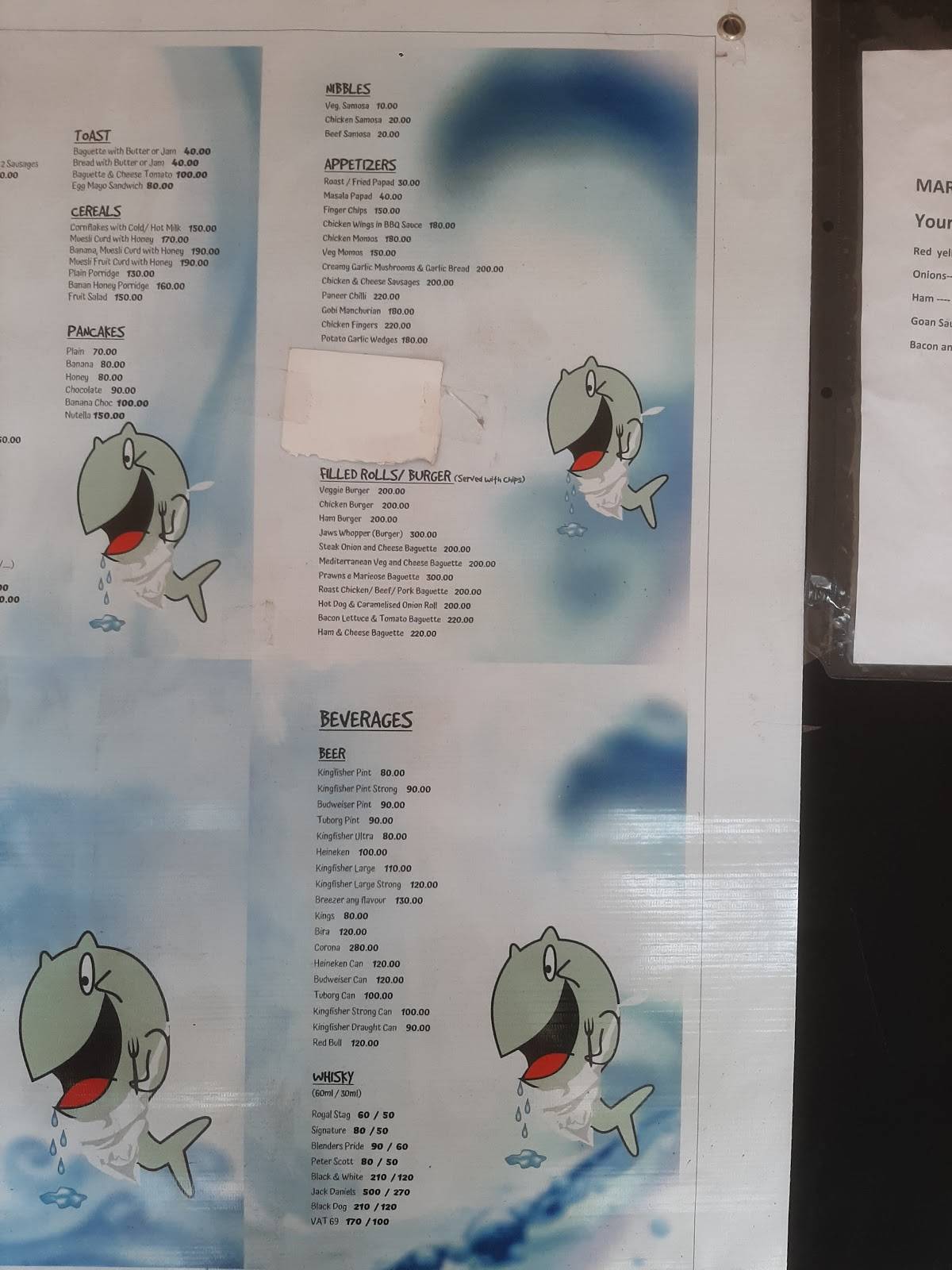 Menu at Jaws Restaurant and Bakery, Vagator, HPXQ+VXH