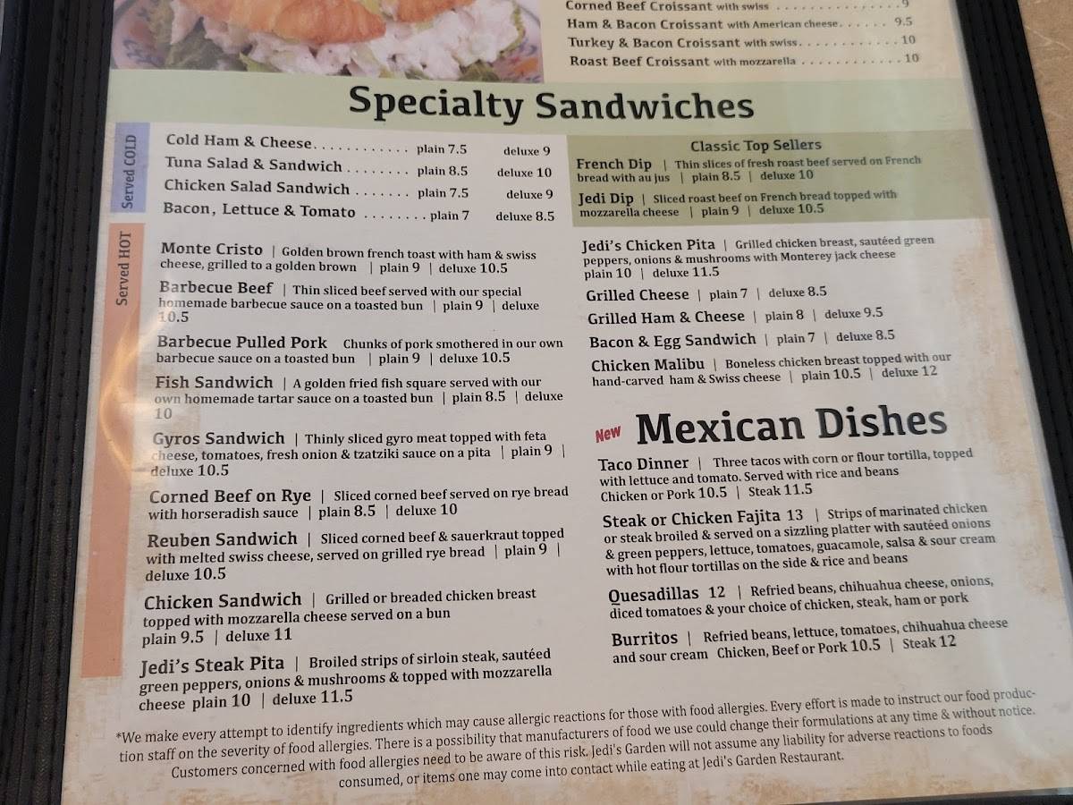 Menu at Jedi's Garden Family Restaurant, Griffith