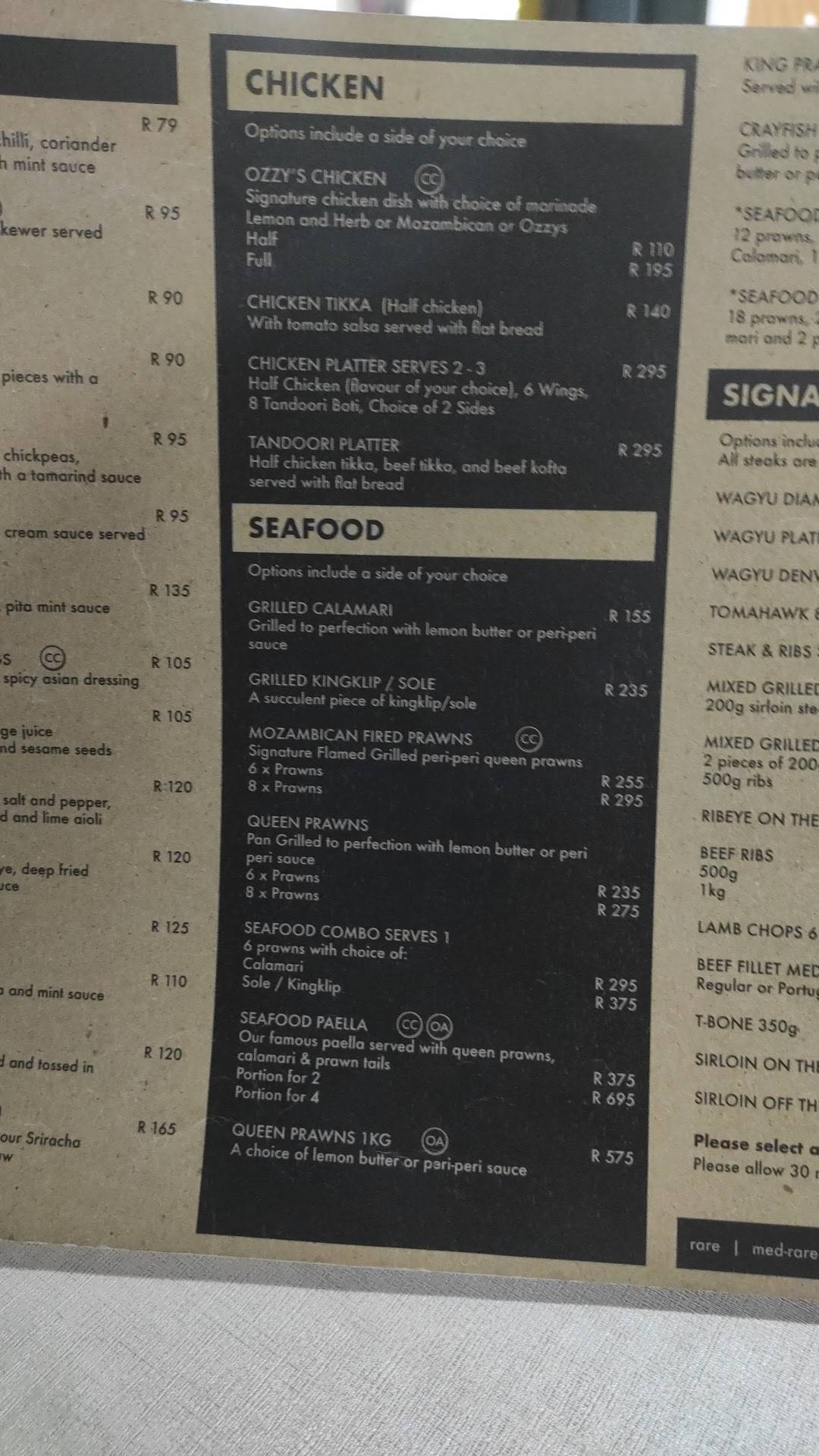 Menu at Ozzy's Kitchen restaurant, Sandton