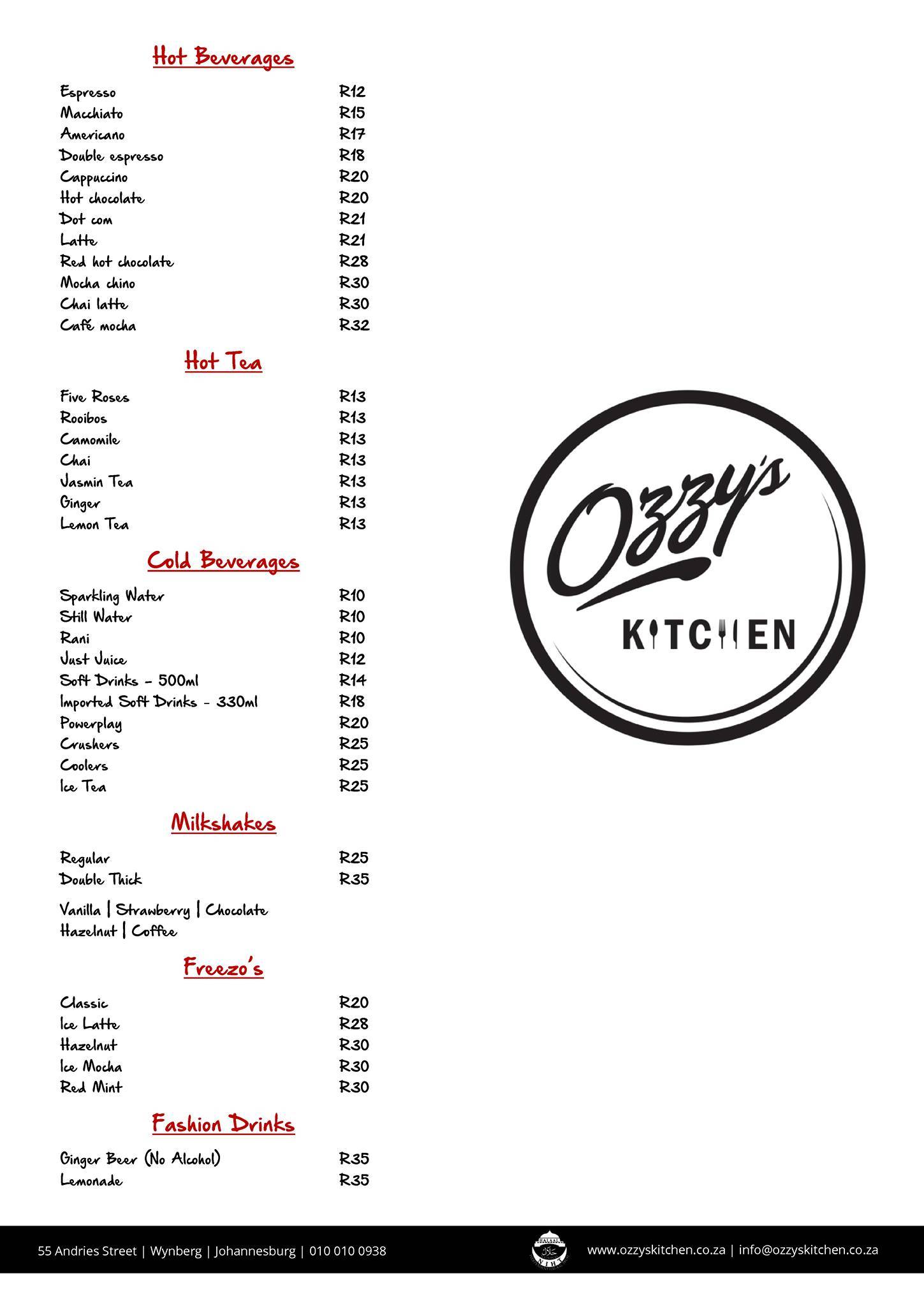 Menu at Ozzy's Kitchen restaurant, Johannesburg