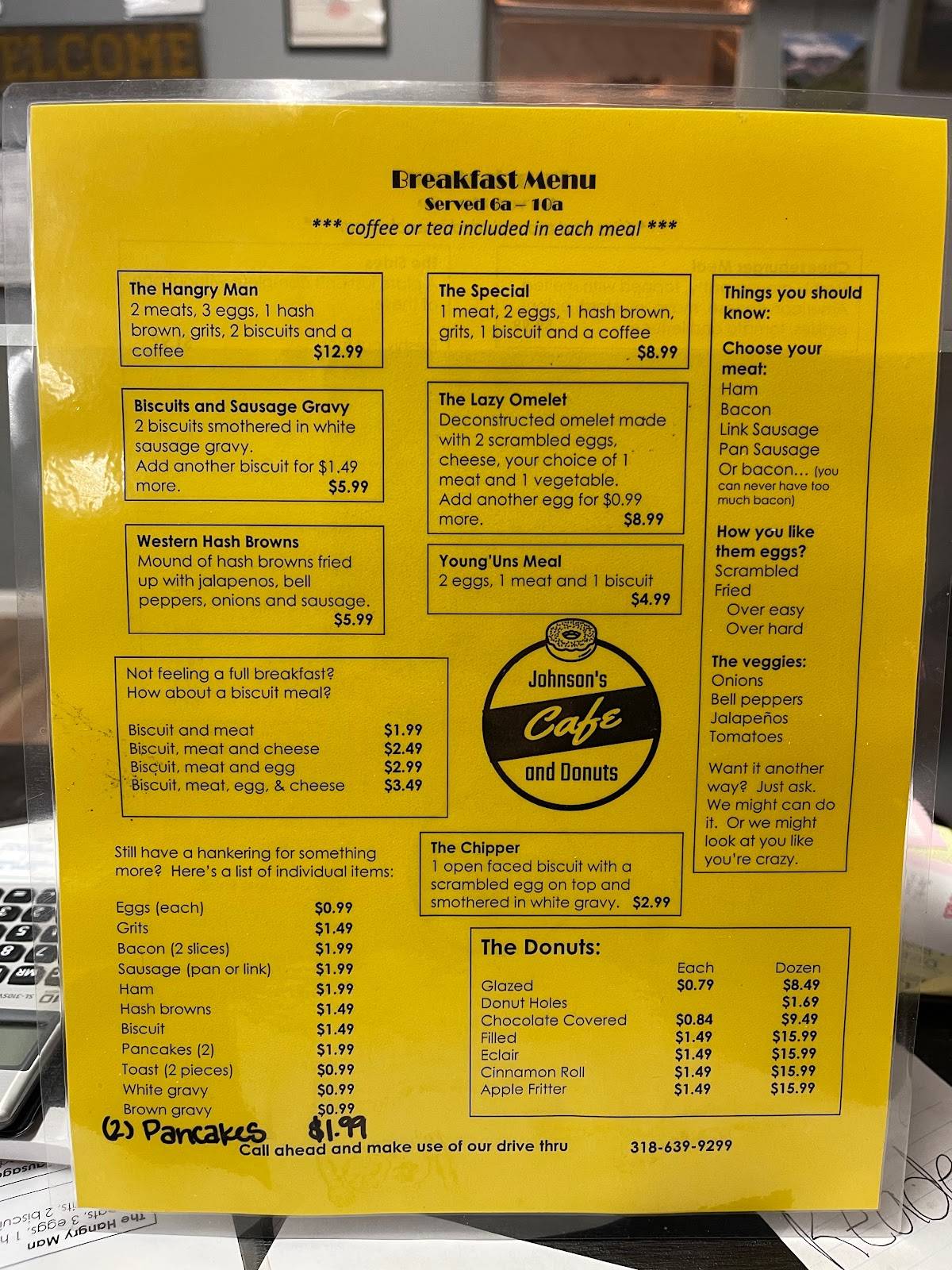 Menu at Johnson's Cafe and Donuts, Minden