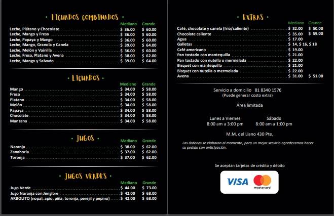 Carta del restaurante ZaFrA jugos y licuados, Monterrey, Manuel María ...