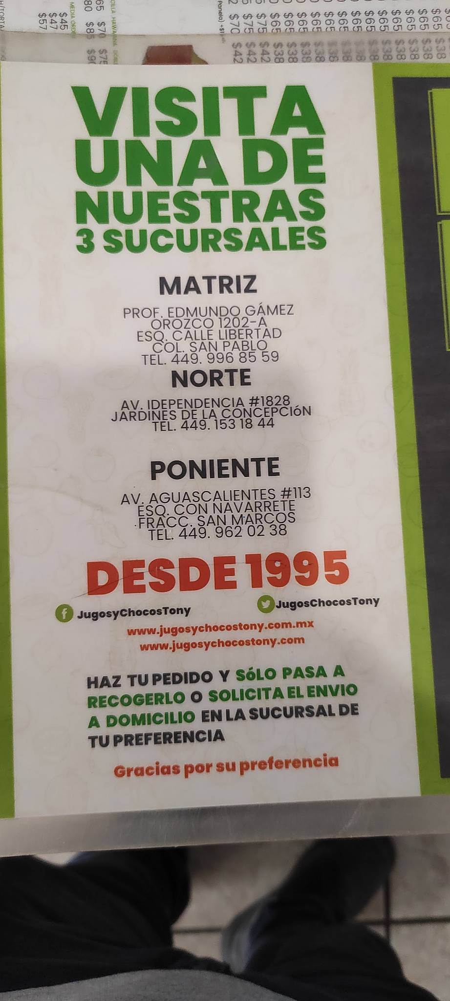 Carta del pub y bar Jugos y Chocos Tony, Aguascalientes, Av ...