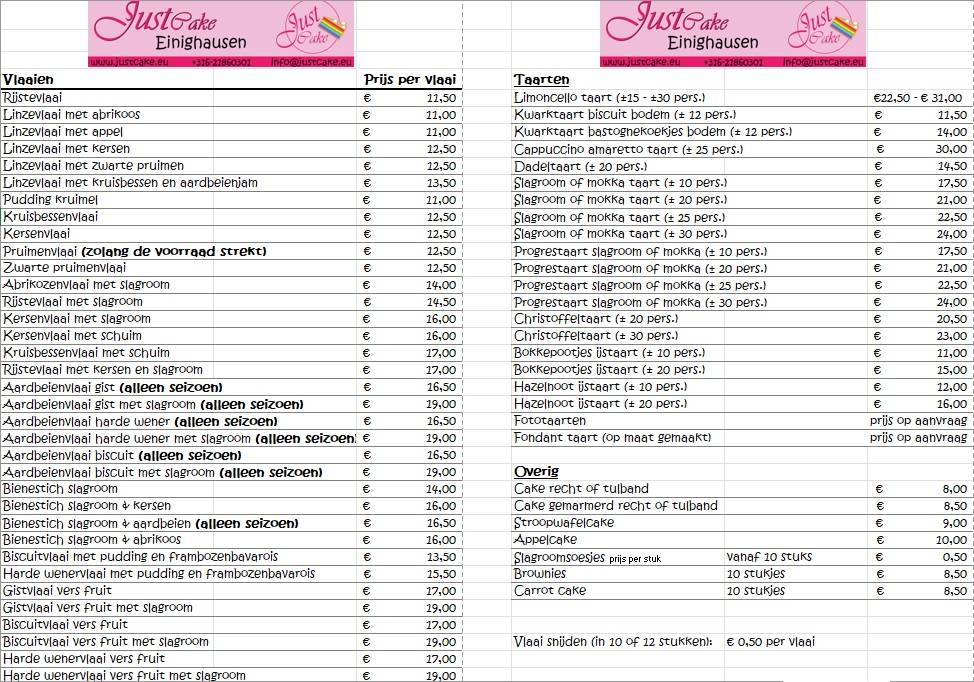 Menu at Just Cake, Einighausen