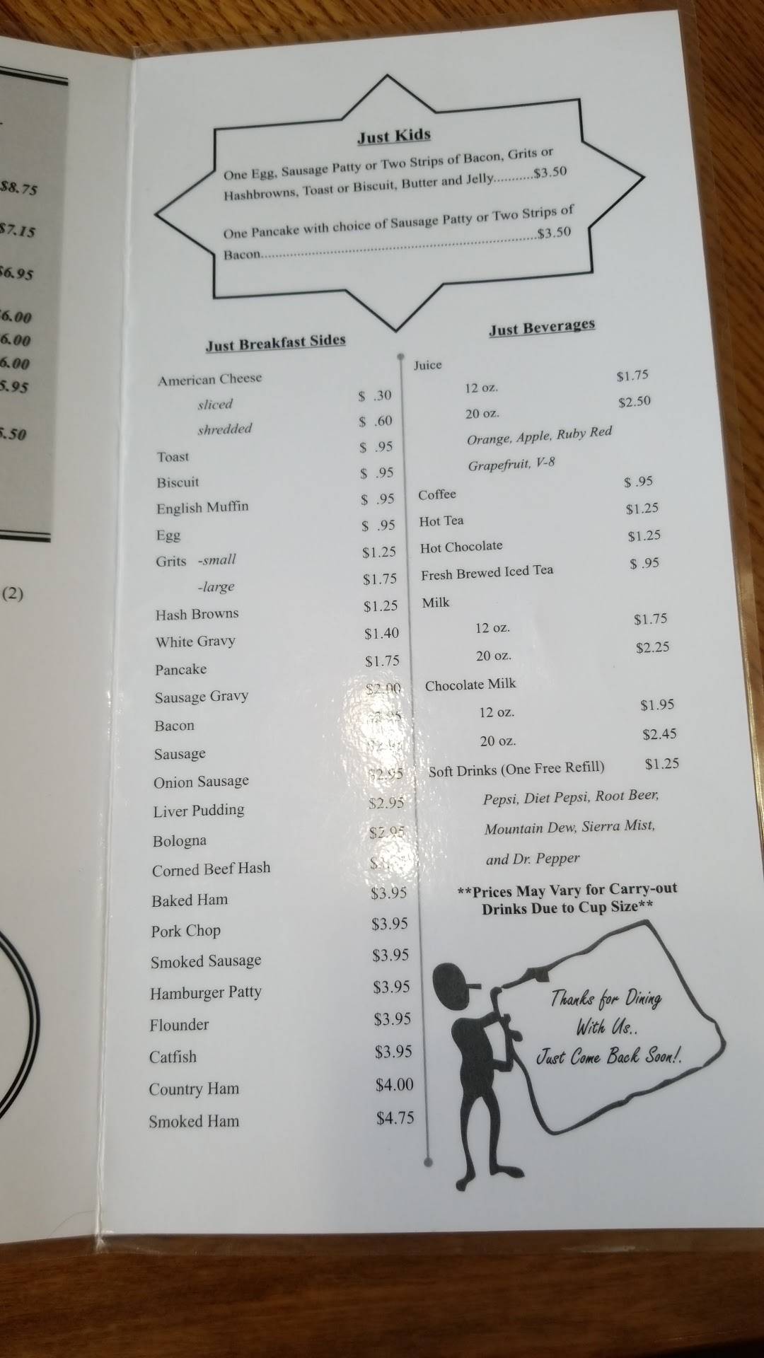 Menu at Just Us Cafe, Cayce