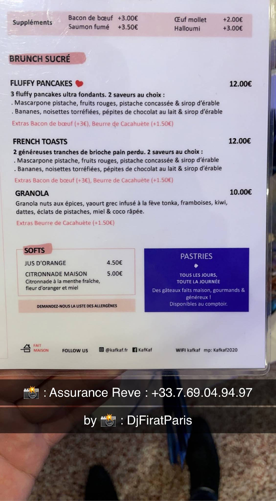 Menu au Kafkaf restaurant, Paris