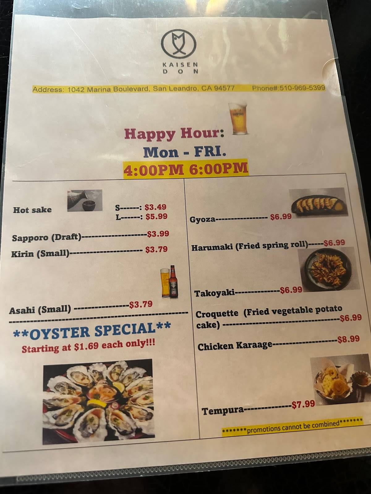 Menu at Kaisen Don restaurant, San Leandro