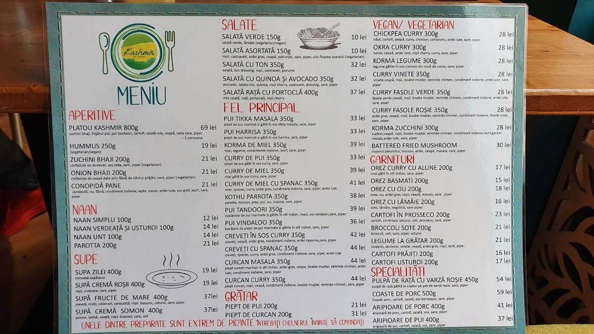 Menu at Kashmir Brasov, Brașov