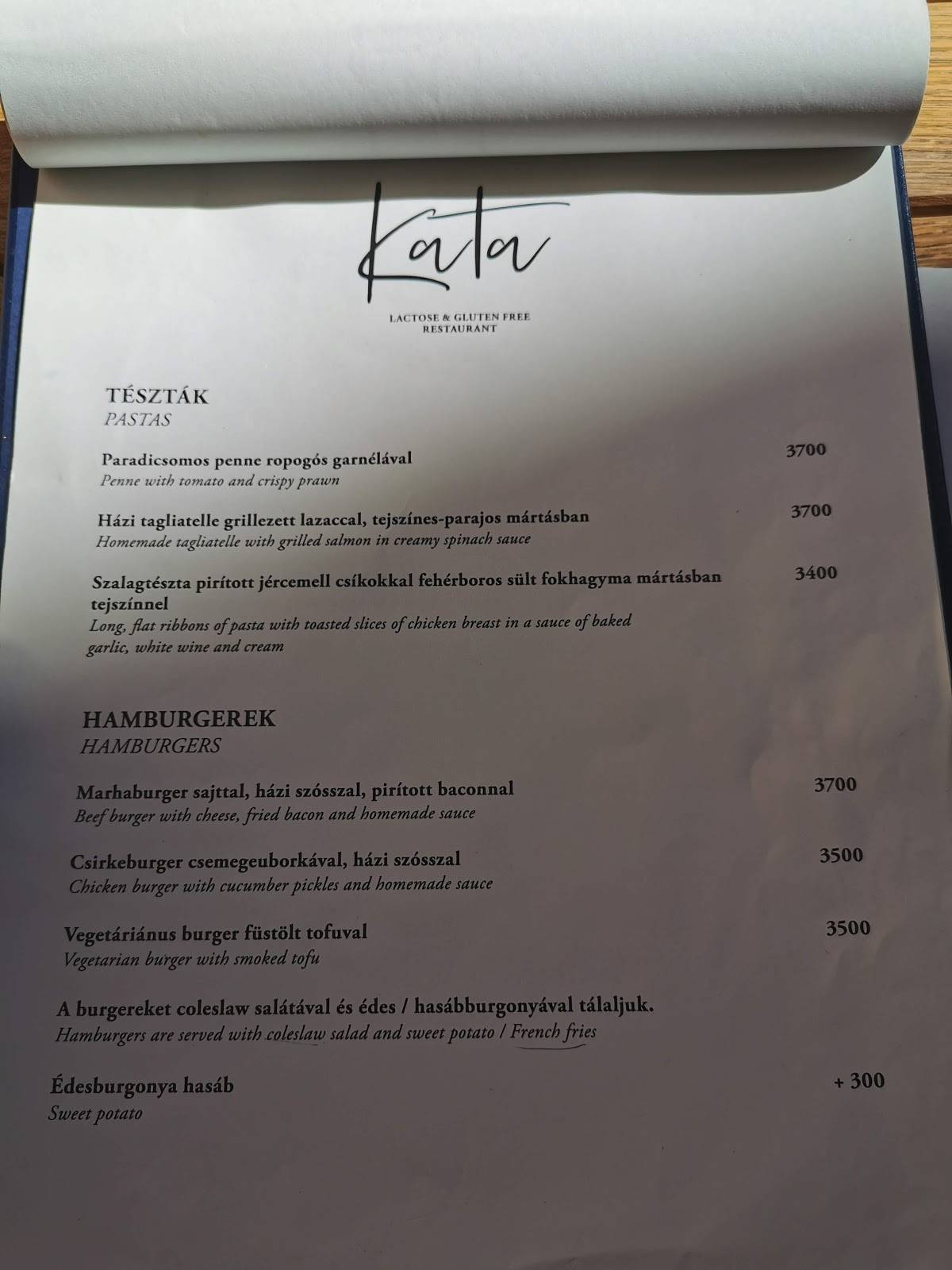 Menu at Kata PEST restaurant, Budapest