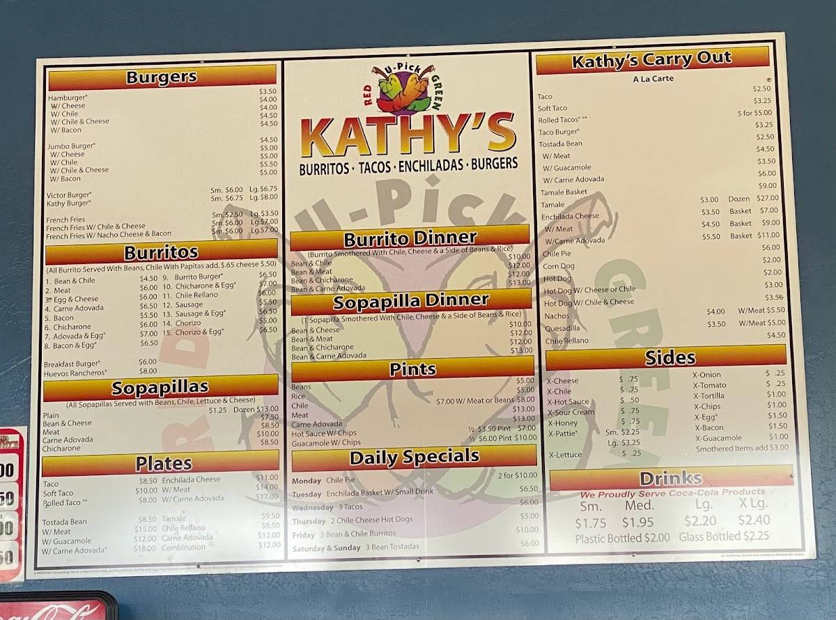 Menu at Kathy's Carry Out restaurant, Albuquerque