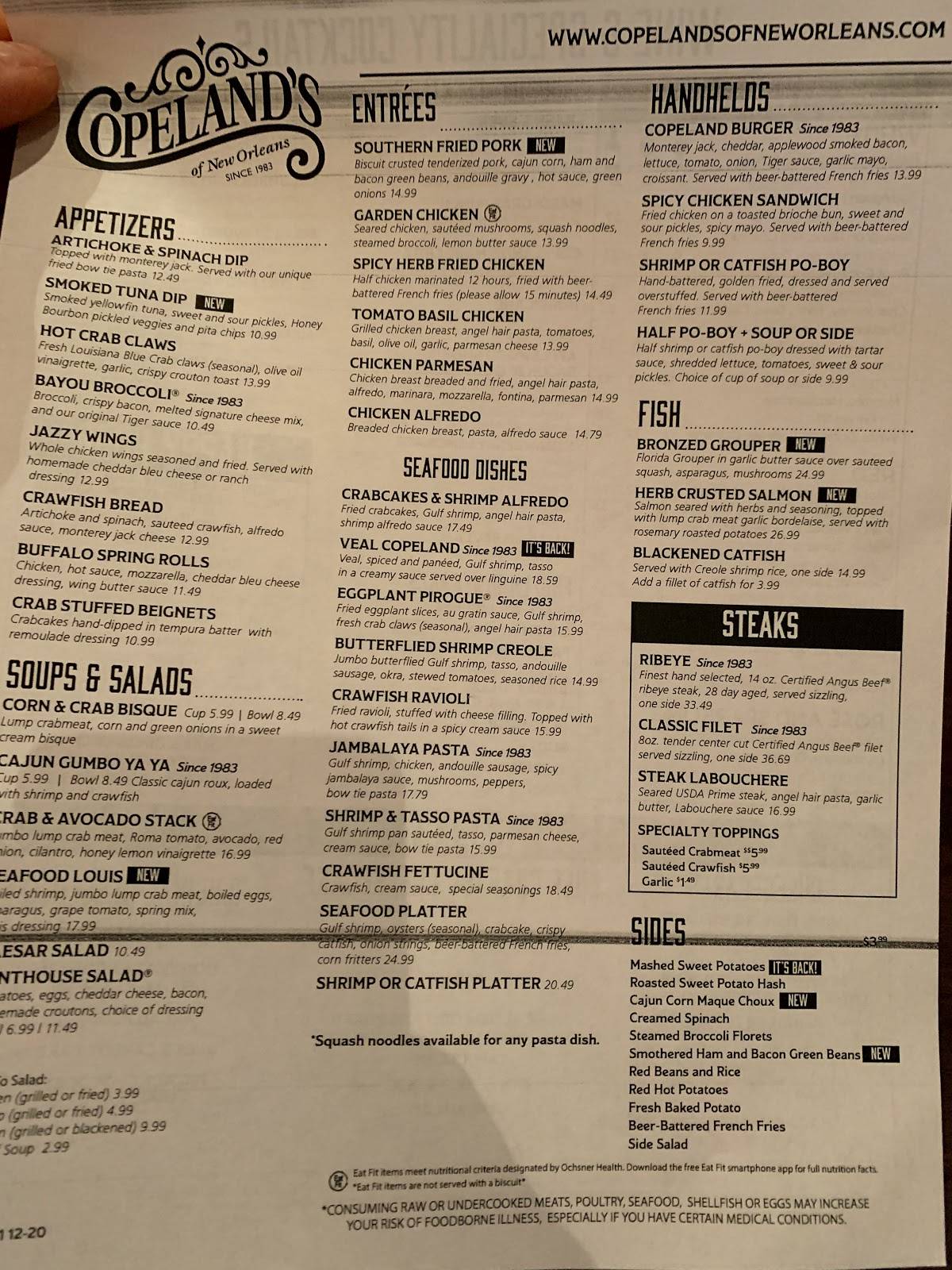 Menu at Copeland's of New Orleans restaurant, Kenner, W Esplanade Ave