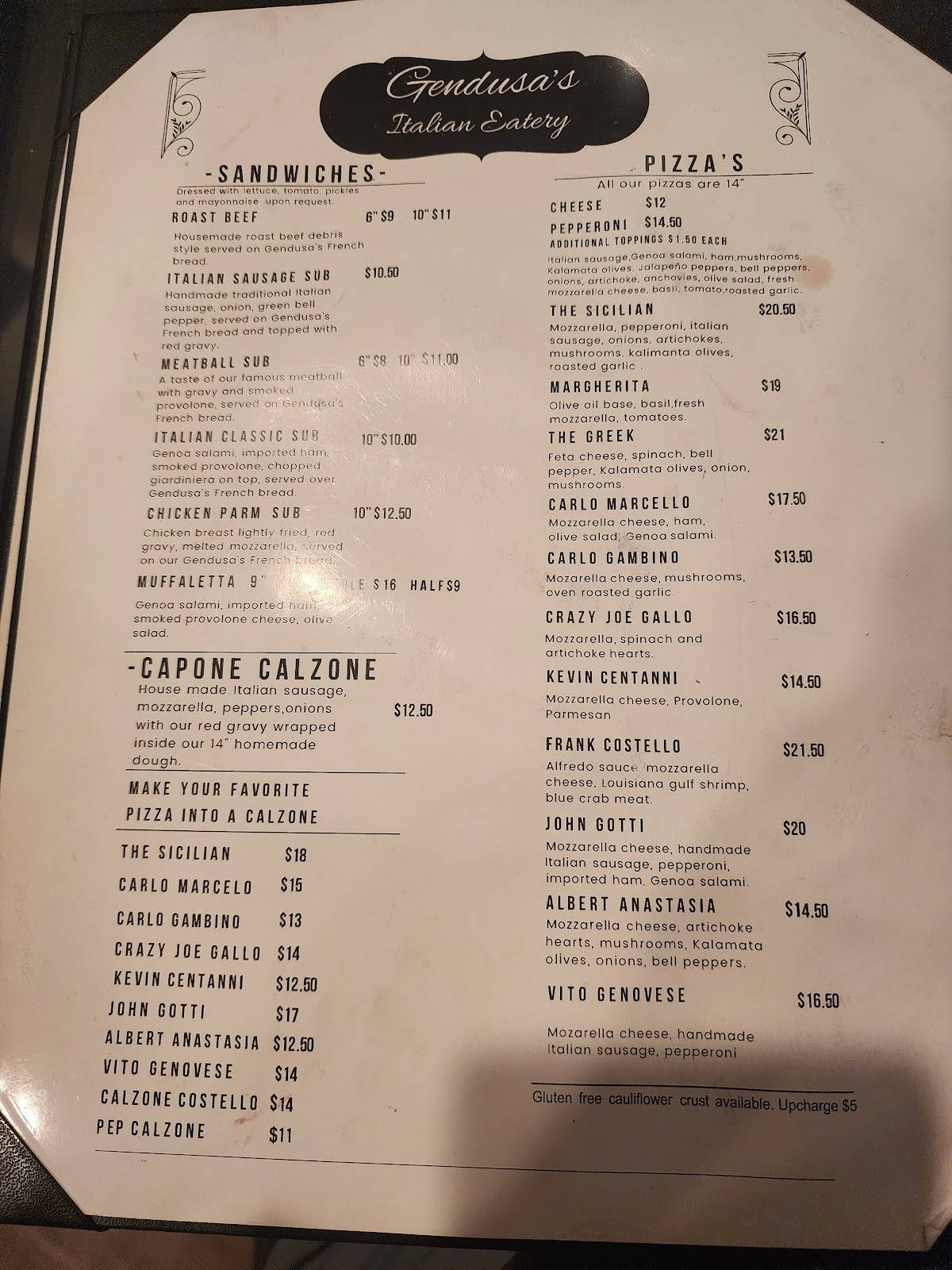 Menu at Gendusa's Italian Eatery pizzeria, Kenner