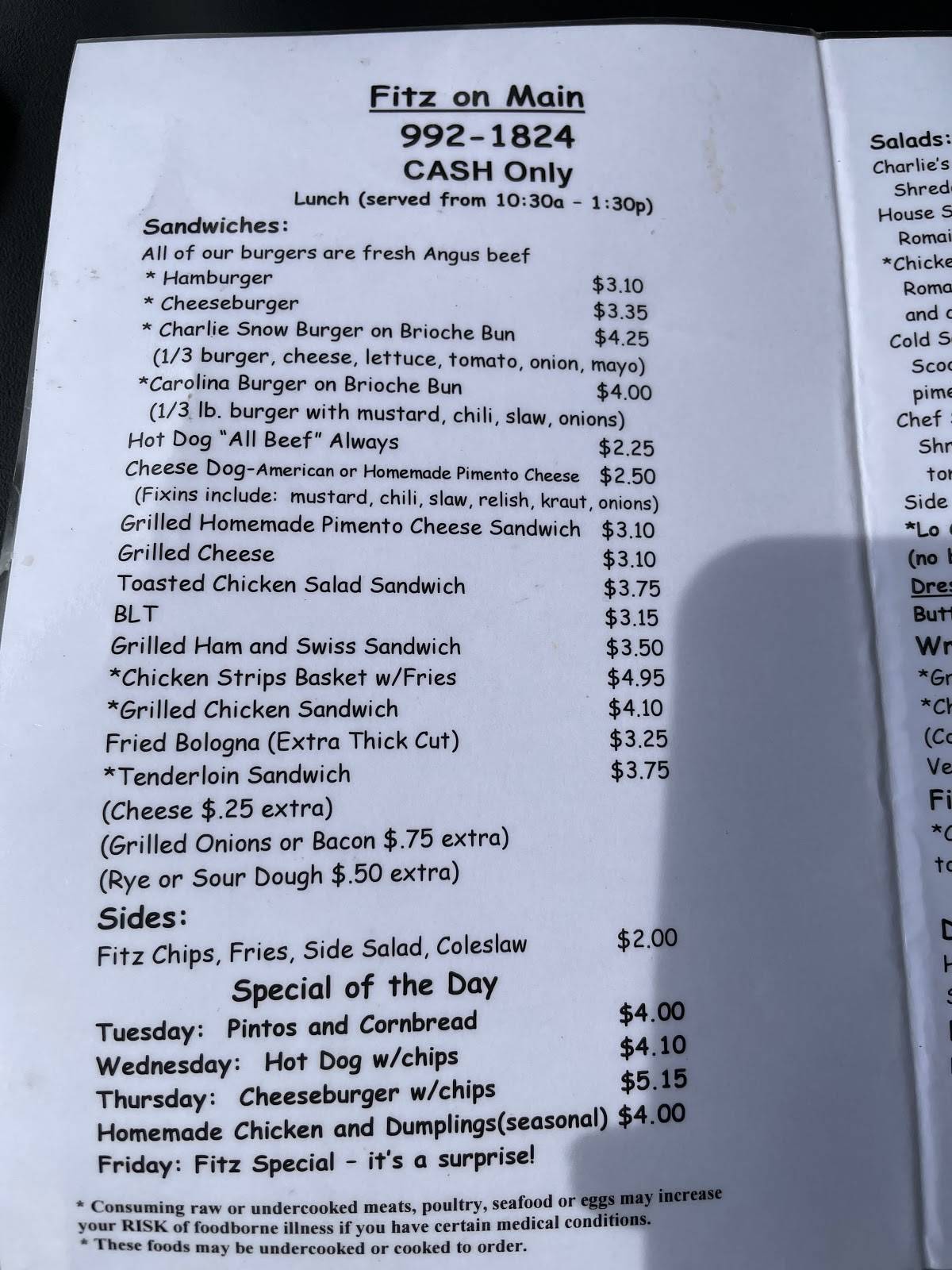 Menu at Fitz On Main restaurant, Kernersville