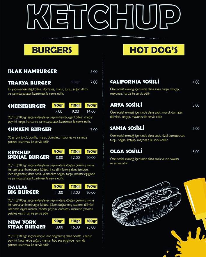 Menu at Ketchup Burgers, Çorlu