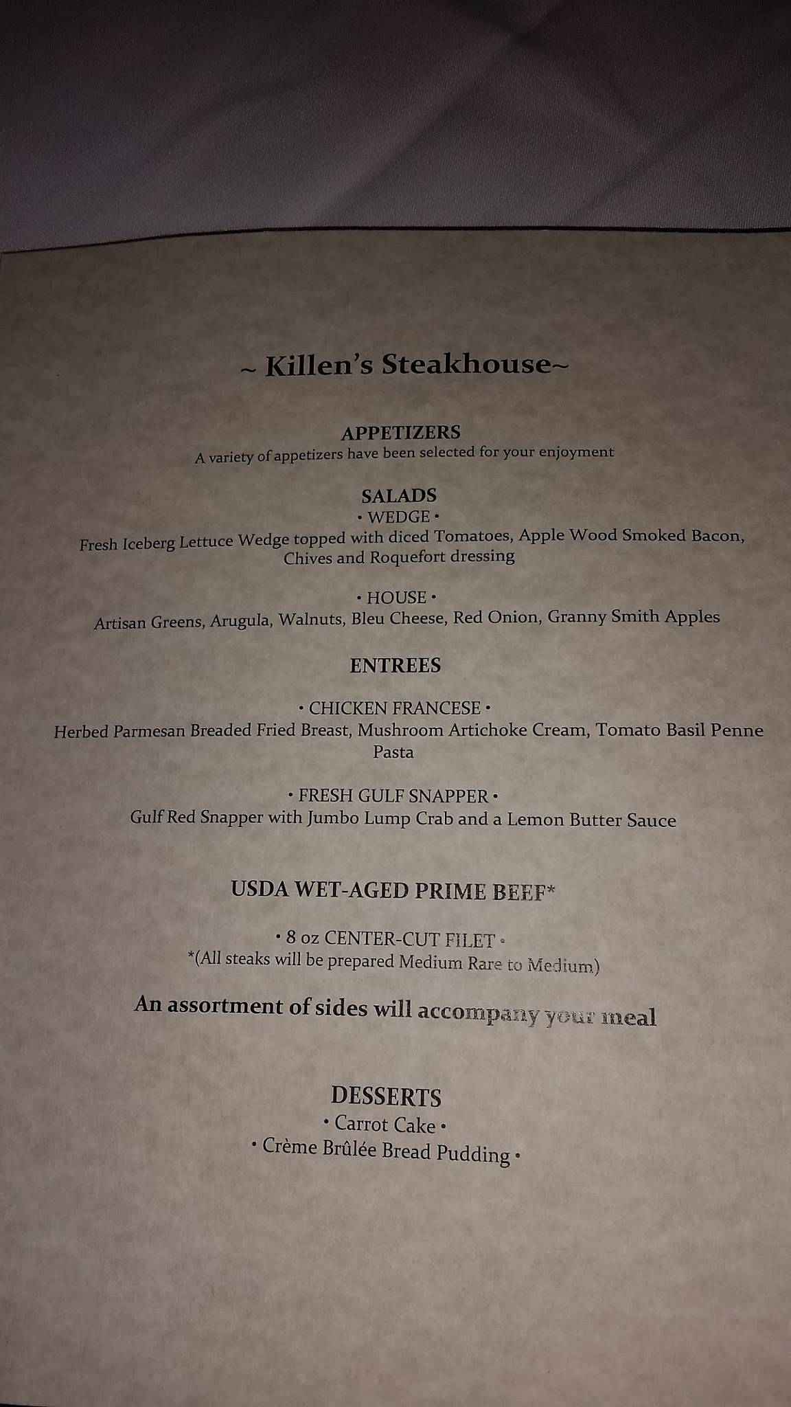 Menu at Killen's Steakhouse, Pearland, Broadway St