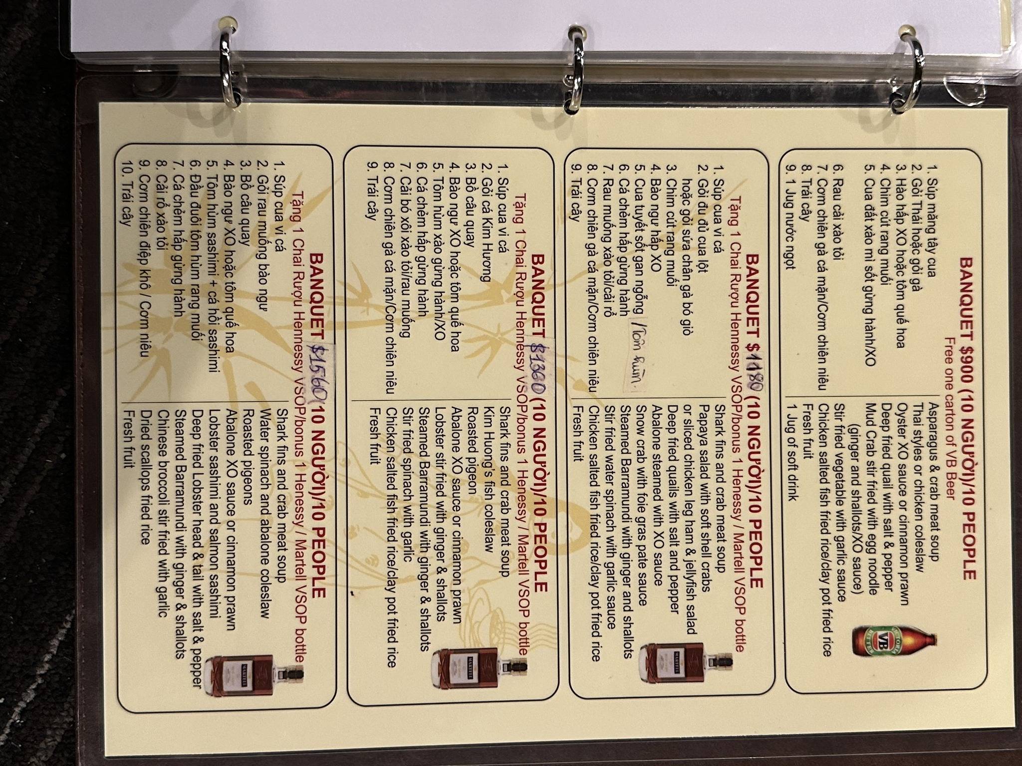 Menu at Kim Huong restaurant, Cairnlea