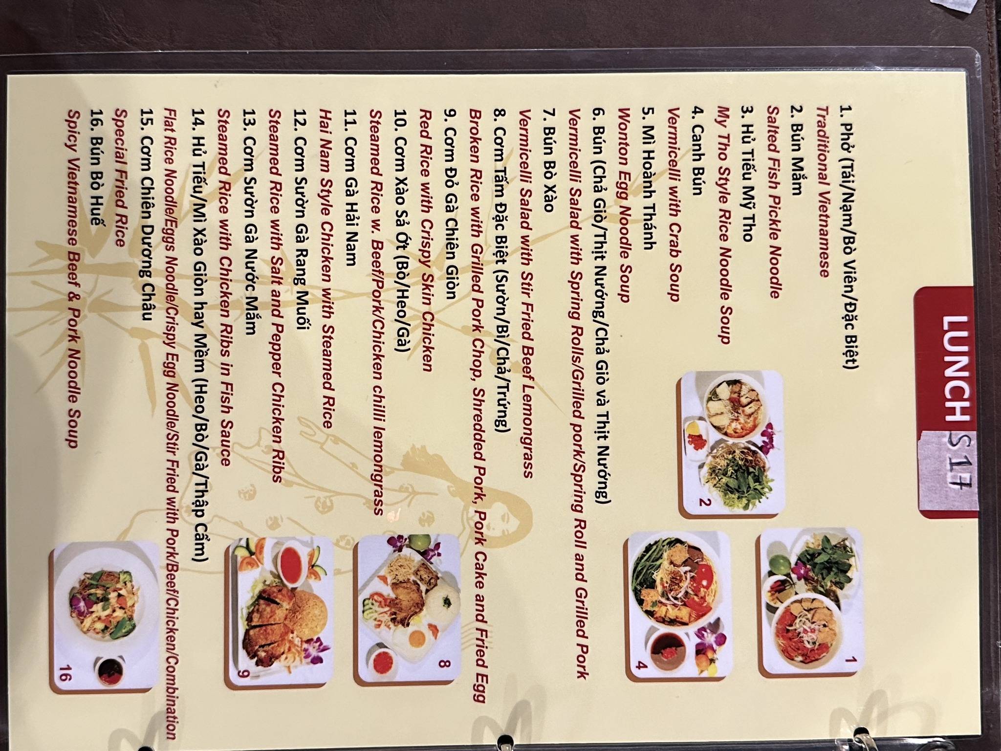 Menu at Kim Huong restaurant, Cairnlea