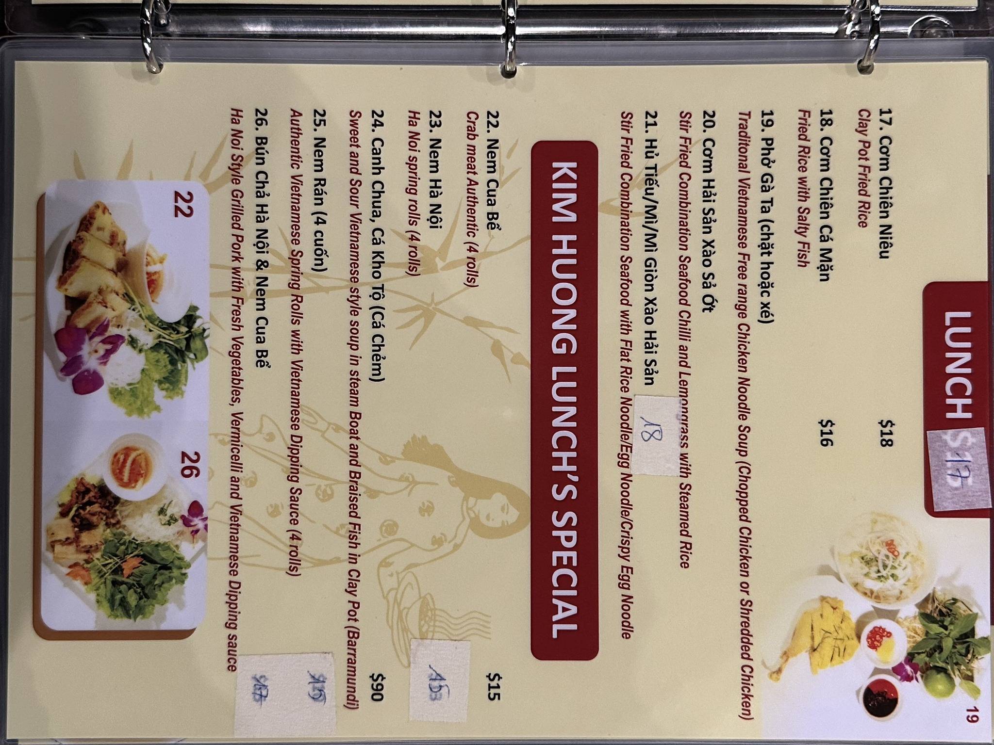 Menu at Kim Huong restaurant, Cairnlea