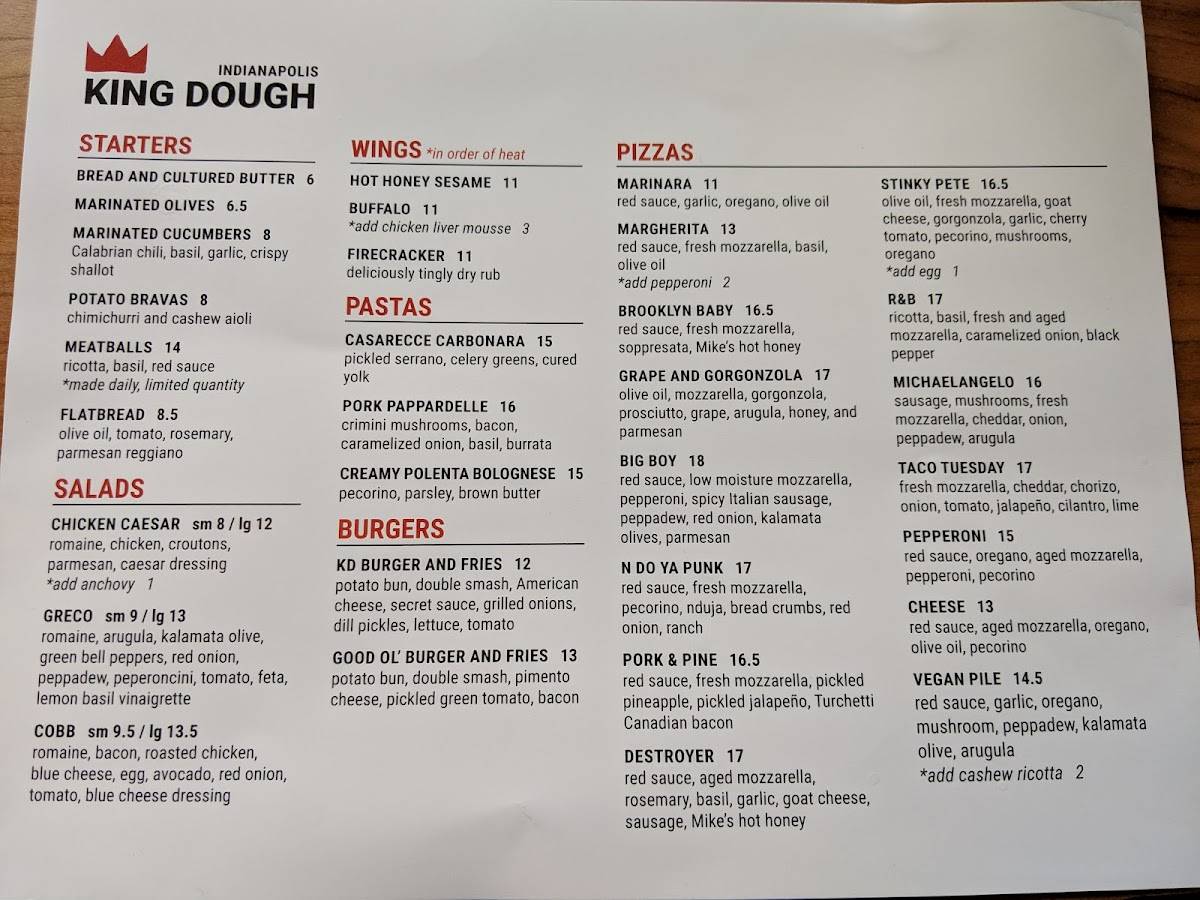 Menu at King Dough pizzeria, Indianapolis