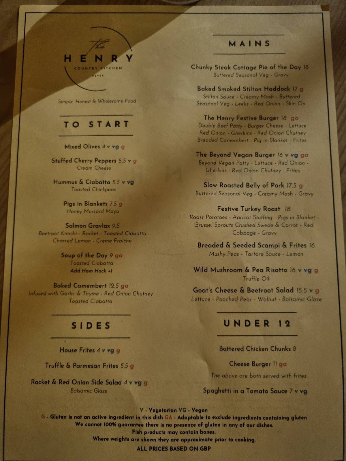 Menu at King Henry Ⅷ pub & bar, Hever