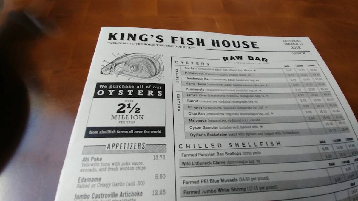 Menu at King's Fish House restaurant, Laguna Hills