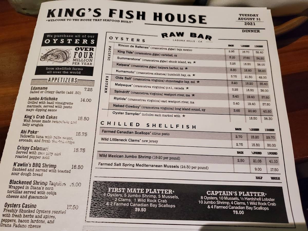 Menu at King's Fish House restaurant, Laguna Hills
