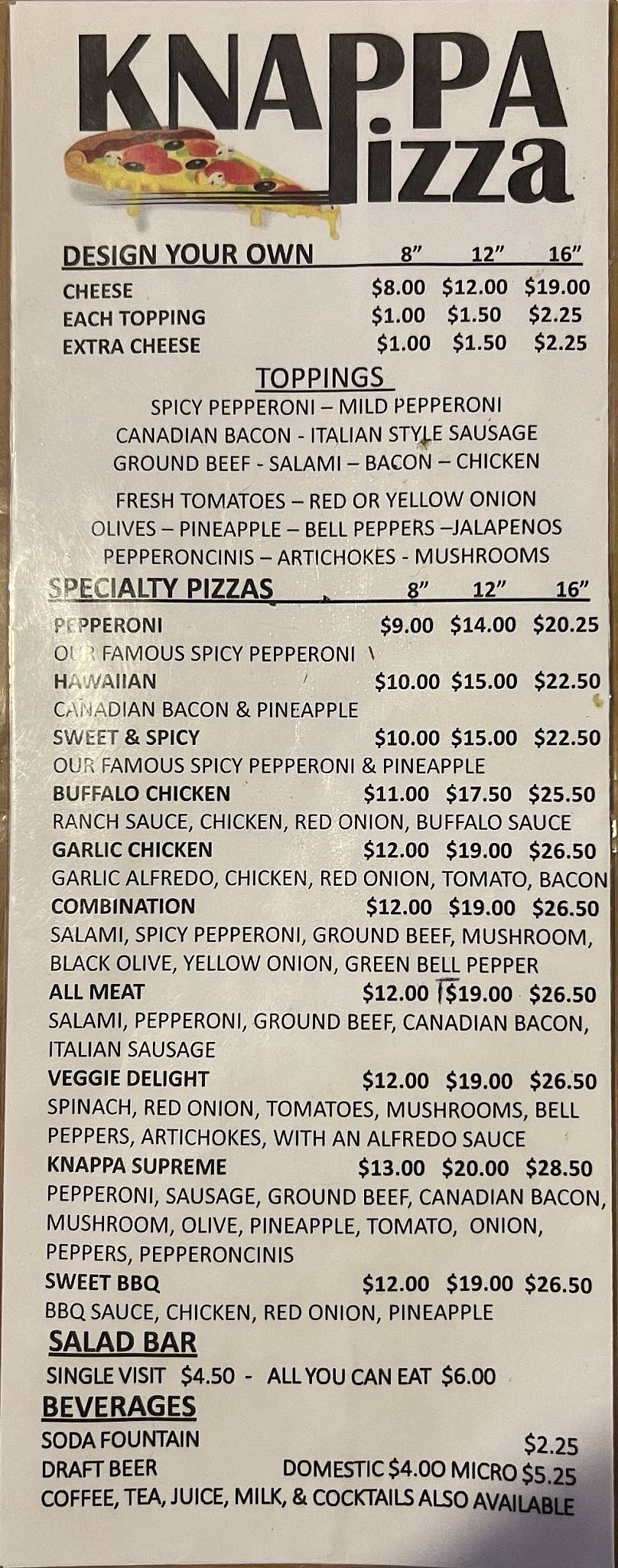 Carta de Knappa pizza and bar, Knappa