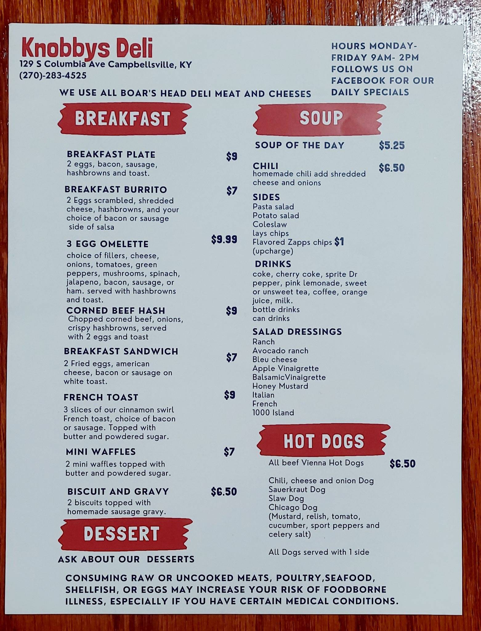 Menu at Knobby's Deli cafe, Campbellsville, 129 S Columbia Ave