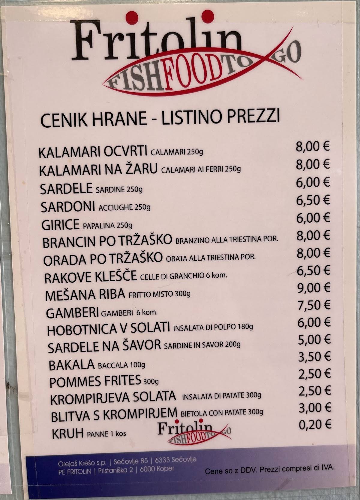 Speisekarte von Fritolin restaurant, Koper, Pristaniška ulica 2