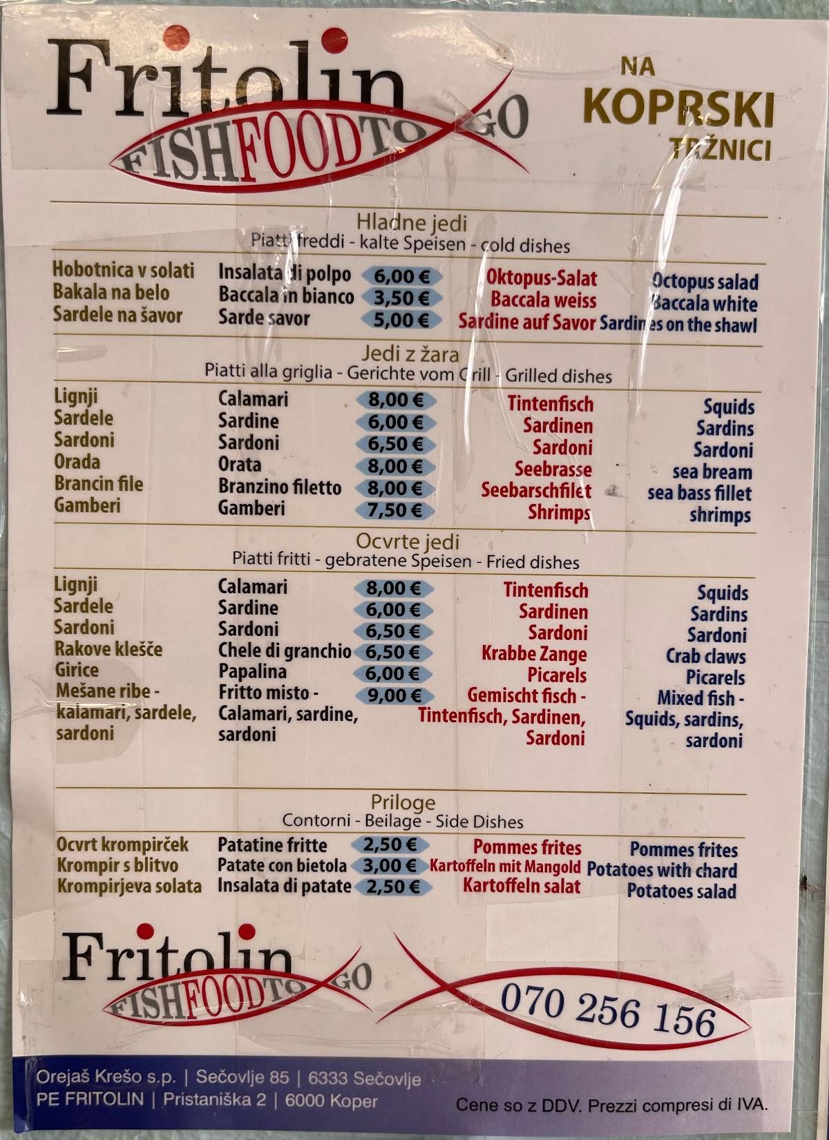 Menu da Fritolin ristorante, Capodistria, Pristaniška ulica 2