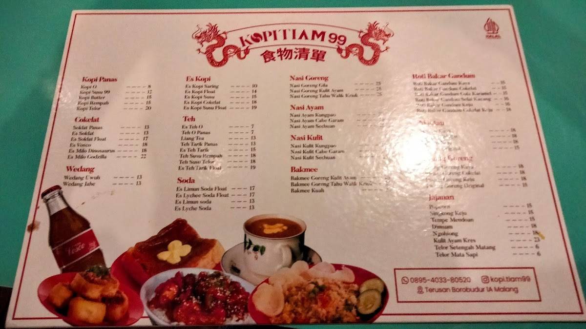 Menu at Kopitiam 99 restaurant, Malang