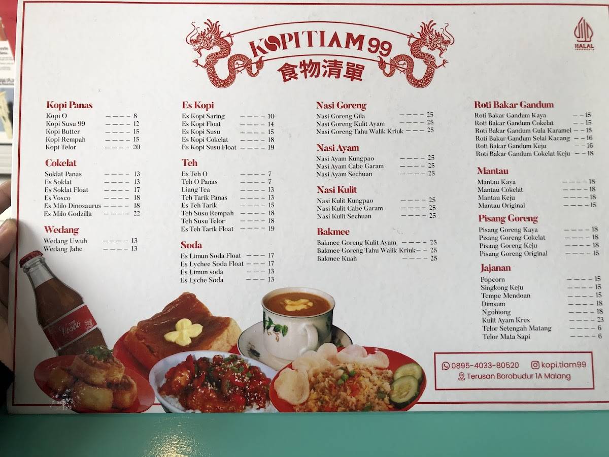 Menu at Kopitiam 99 restaurant, Malang
