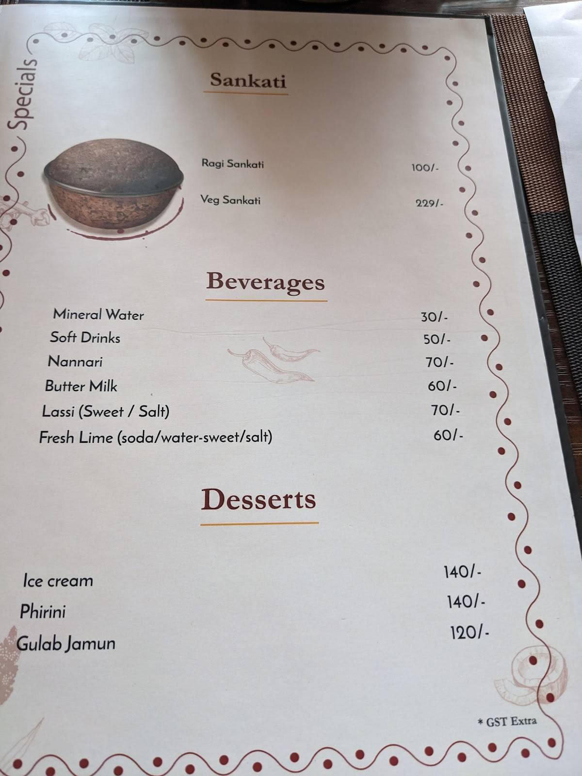 Menu at Kritunga - The Palegar's Cuisine Kondapur, Hyderabad