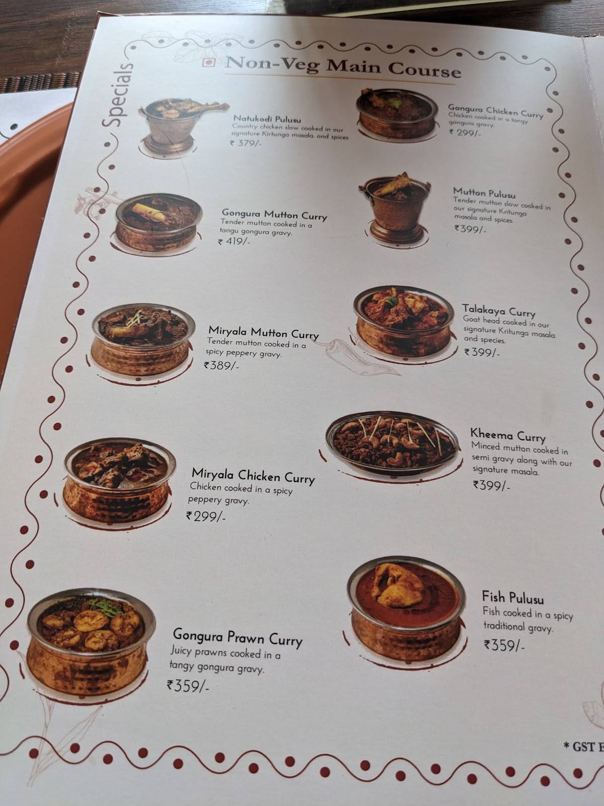 Menu at Kritunga - The Palegar's Cuisine Kondapur, Hyderabad