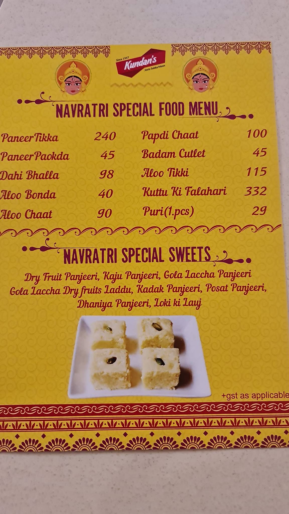 Menu at Kundan's, Moradabad