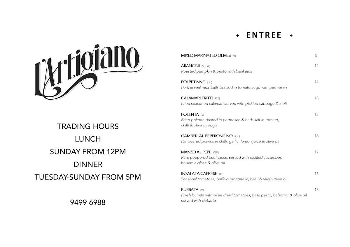 Menu at L'Artigiano Ivanhoe restaurant, Ivanhoe