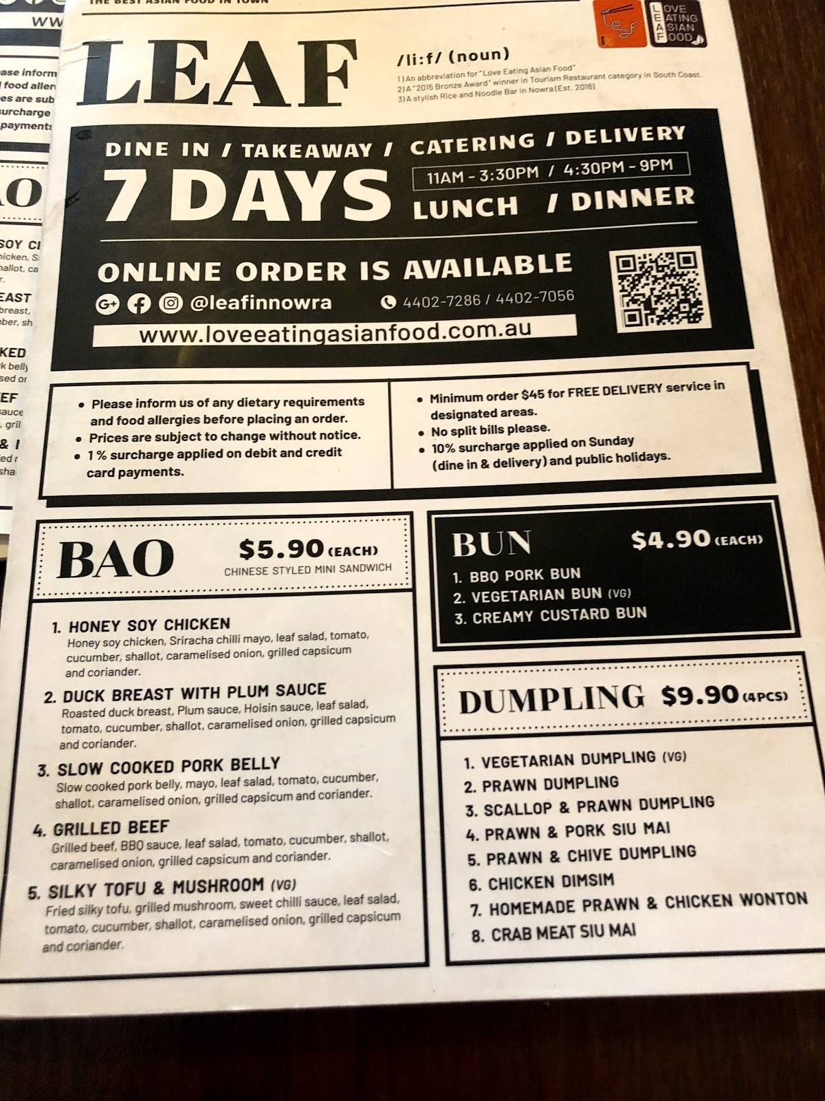 Menu at LEAF IN NOWRA, MODERN THAI & ASIAN RESTAURANT, Nowra
