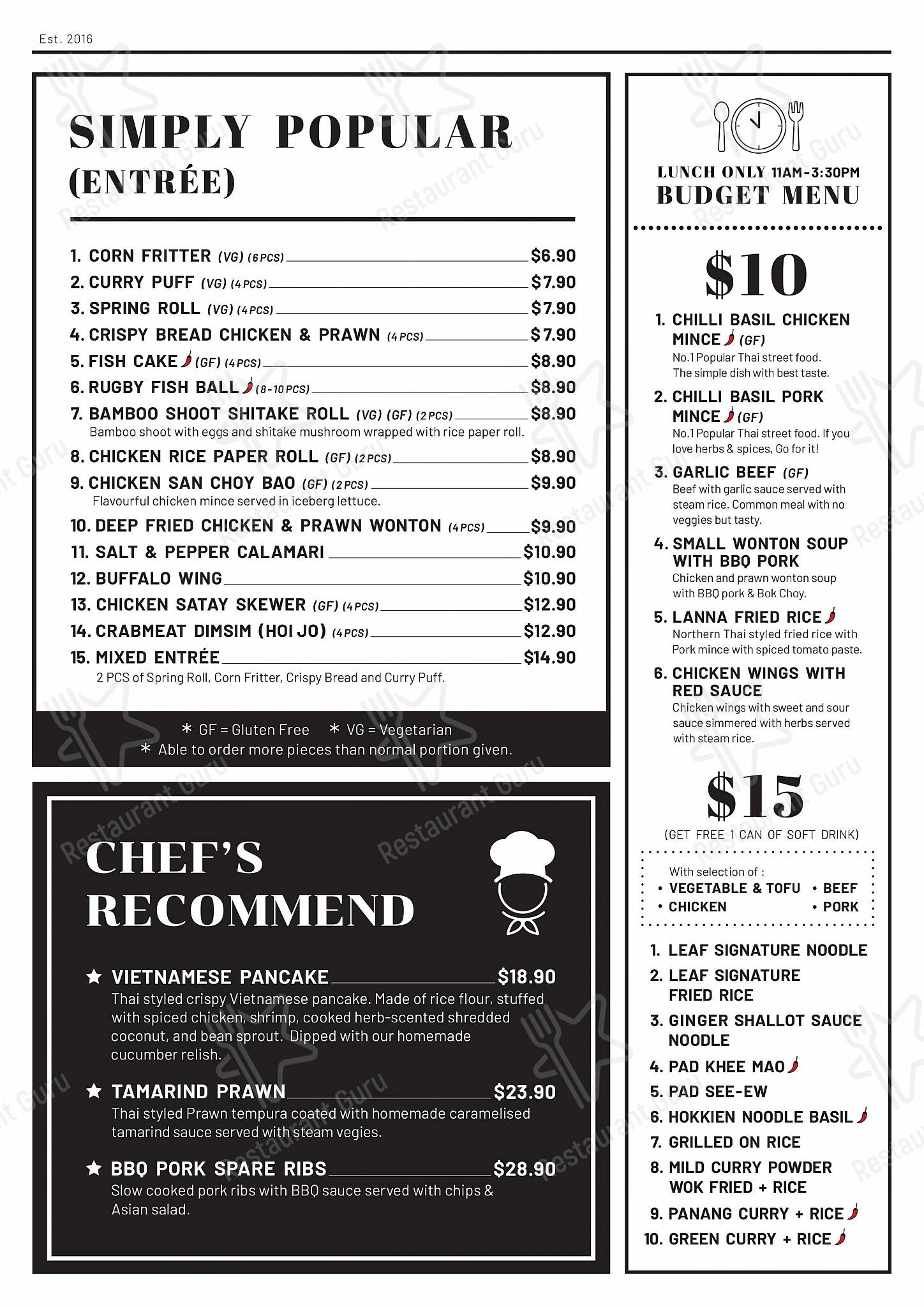 Menu at LEAF IN NOWRA, MODERN THAI & ASIAN RESTAURANT, Nowra