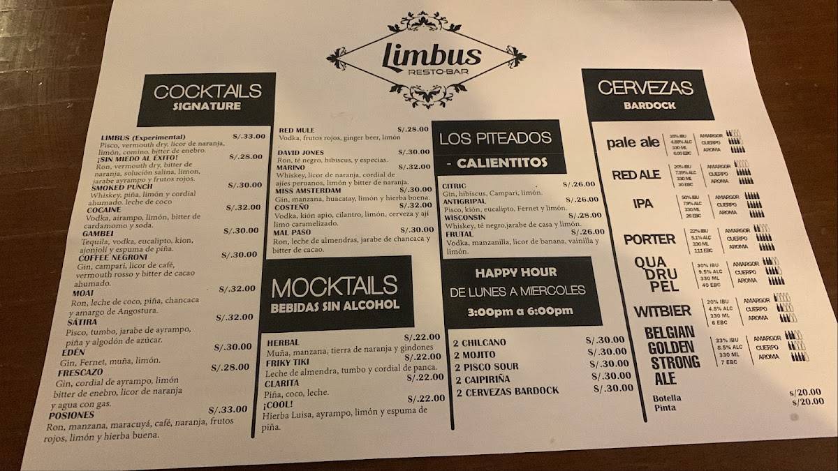 Carta de Limbus Restobar, Cusco