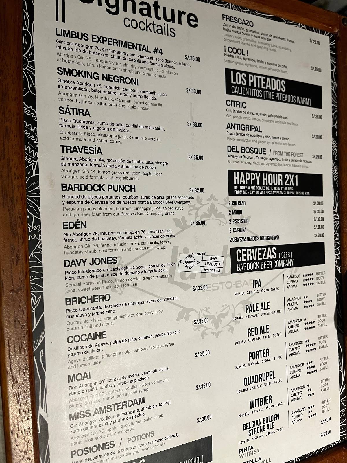 Carta de Limbus Restobar, Cusco
